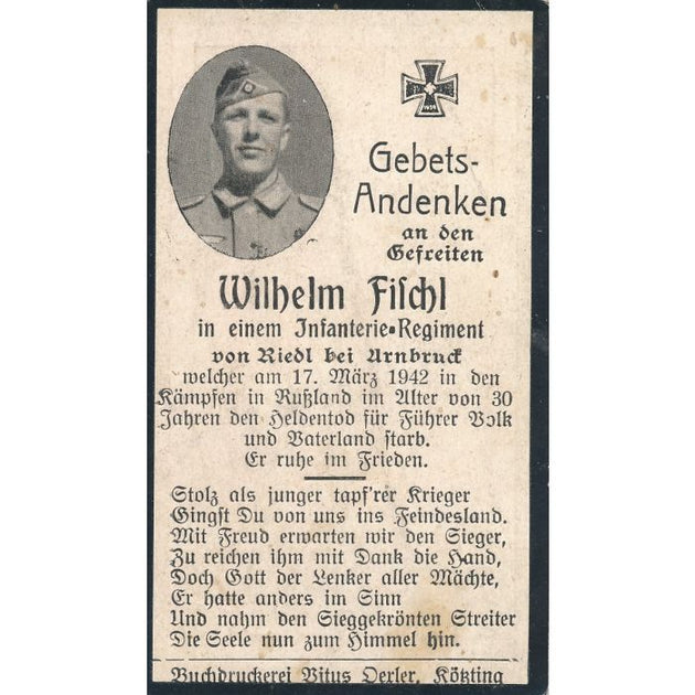 GERMAN WWII DEATH CARD FOR INFANTRY REGIMENT SOLDIER WILHELM FISCHL ...