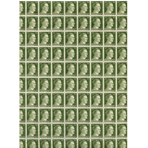 FULL AND COMPLETE GERMAN WWII HITLER HEAD STAMP SHEET OF 100 STAMPS 30 ...