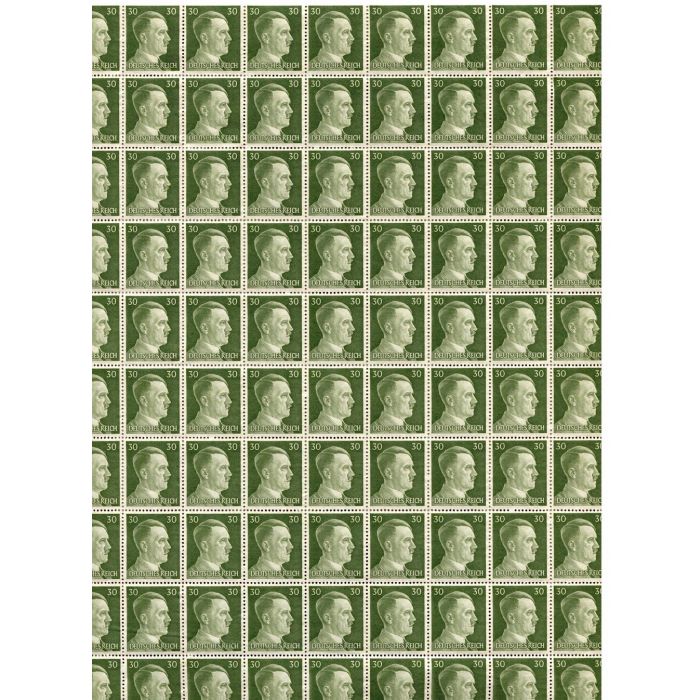 FULL AND COMPLETE GERMAN WWII HITLER HEAD STAMP SHEET OF 100 STAMPS 30 ...