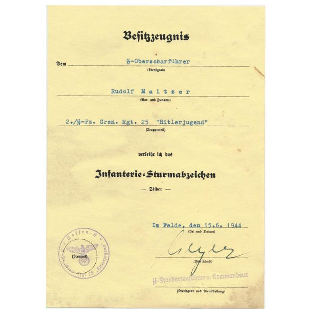 GERMAN WW2 INFANTRY ASSAULT SILVER BADGE AWARD DOCUMENT FOR RUDOLF MAI ...